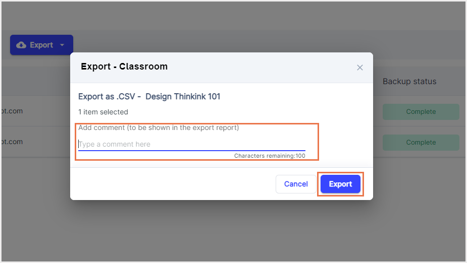 How can I export a Google Classroom from the SysCloud backup application?