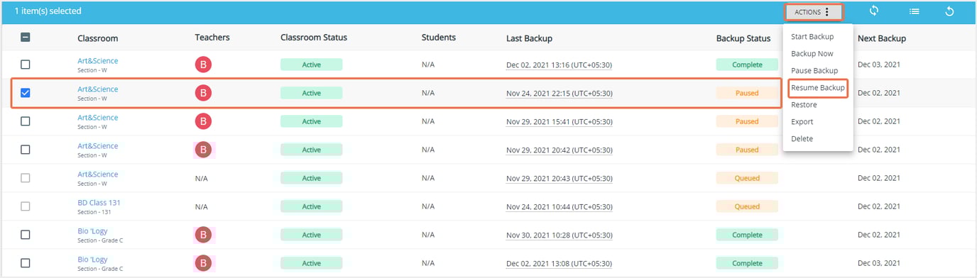 How to resume the backup for a classroom in the SysCloud backup ...