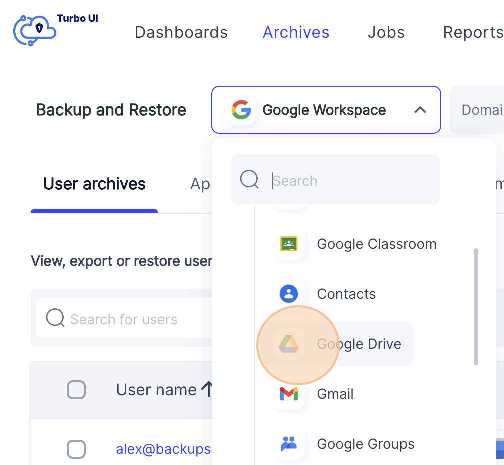 How do I view the folders in my Google Drive application’s backup archive?