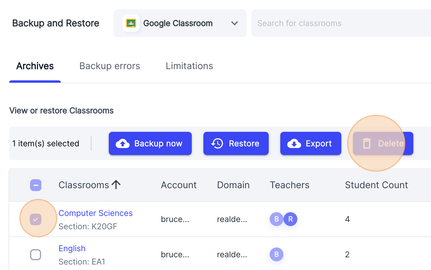 How to delete a Classroom backup archive in the SysCloud backup ...