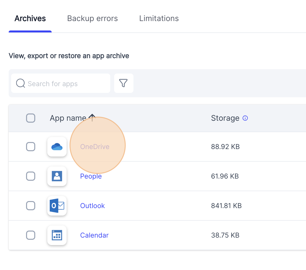 How do I view the folders in my or OneDrive application’s backup archive?