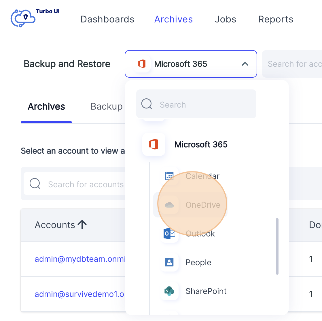 How do I view the folders in my or OneDrive application’s backup archive?