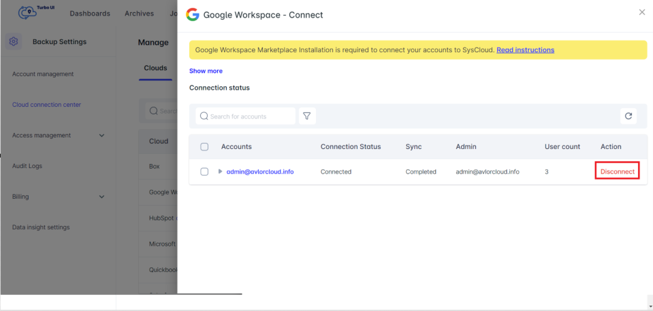 How do I disconnect my Google account from SysCloud?