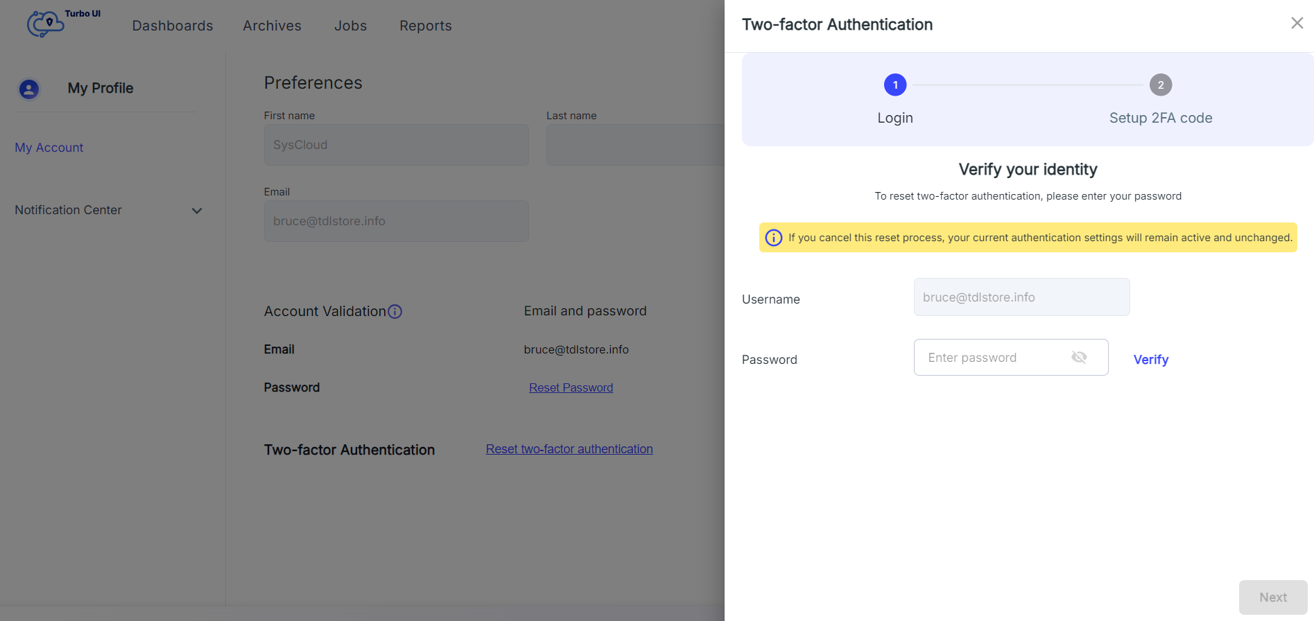 How to reset two-factor authentication for SysCloud backup application?