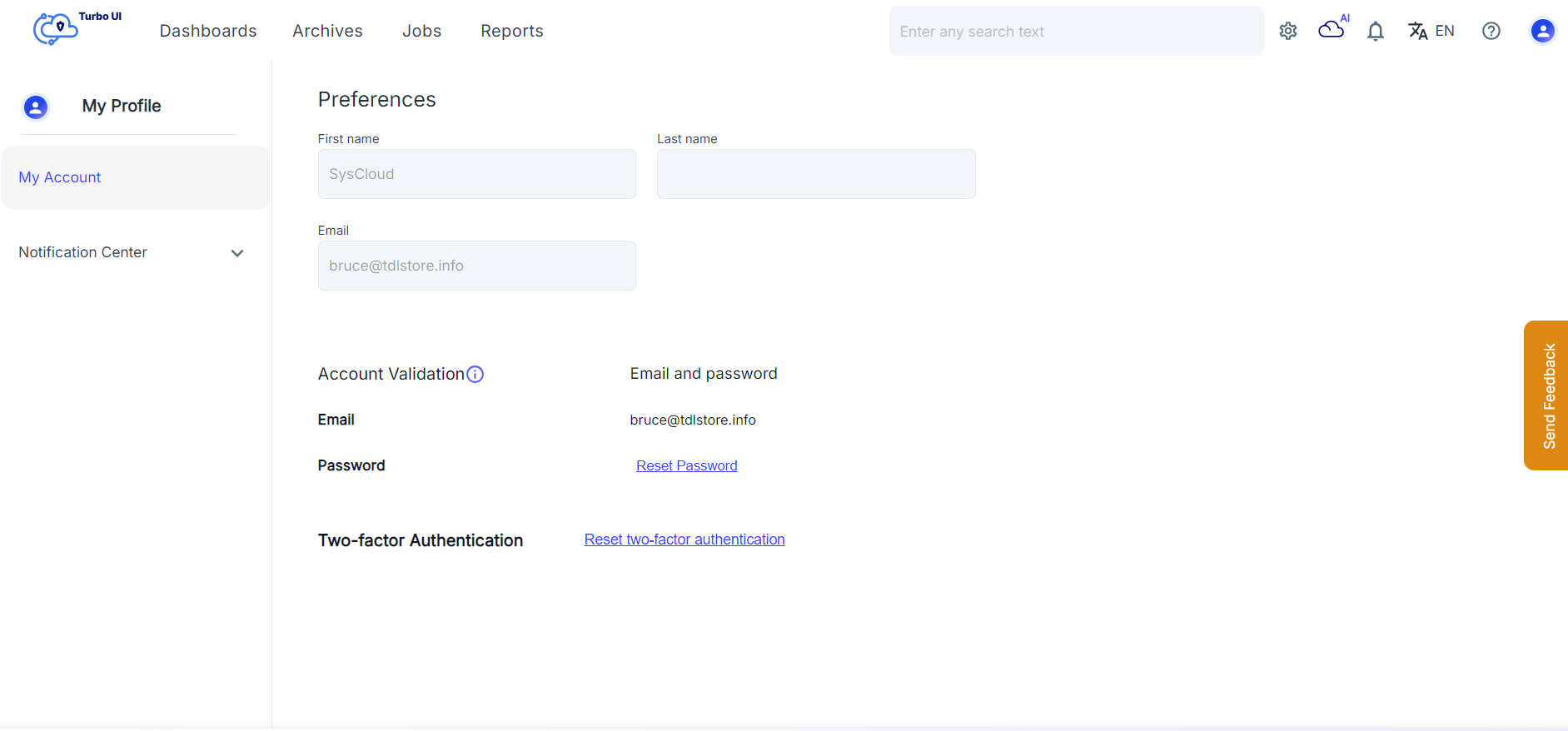 How to reset two-factor authentication for SysCloud backup application?