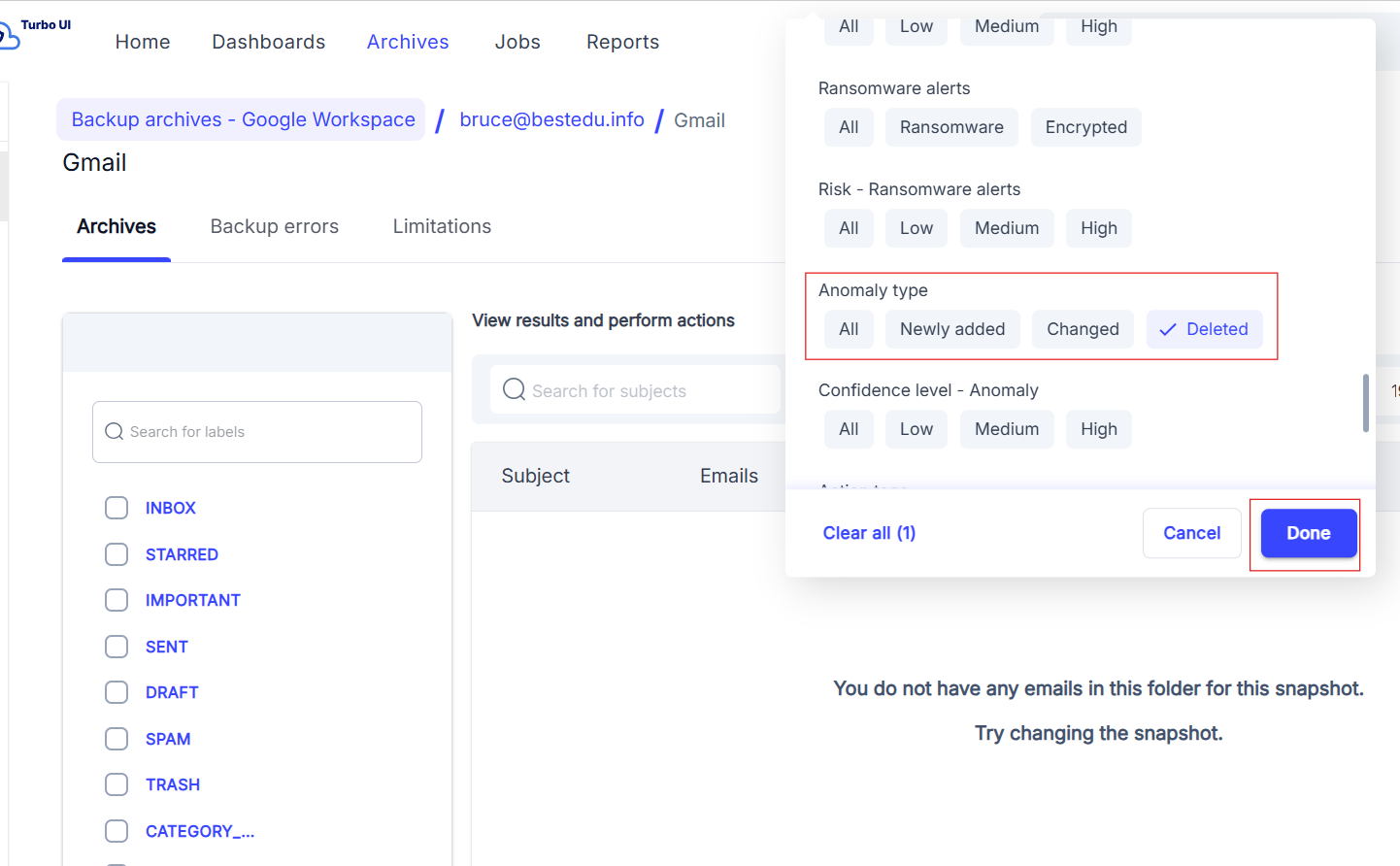 How do I restore deleted emails for a user?