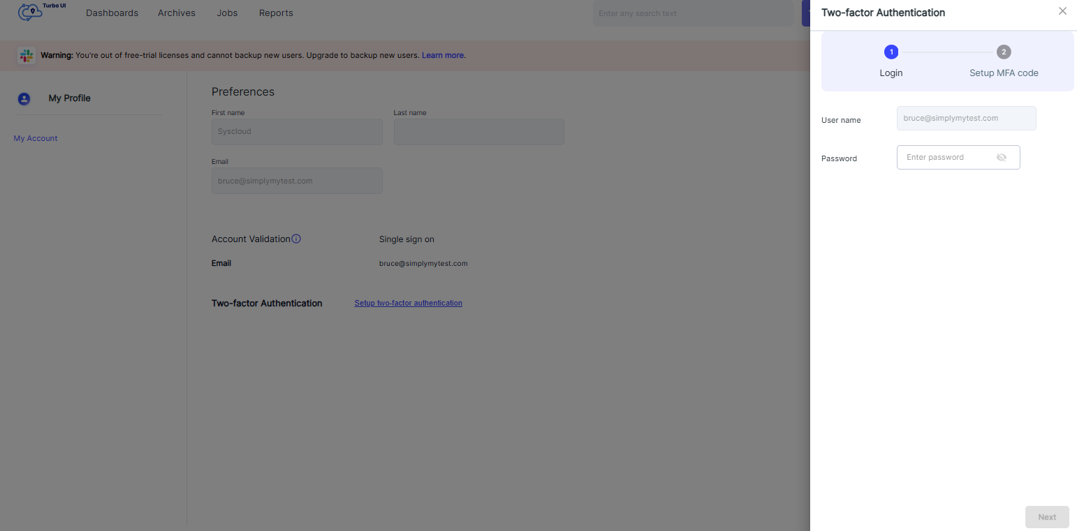 How to set up a multi-factor authentication for SysCloud backup application?