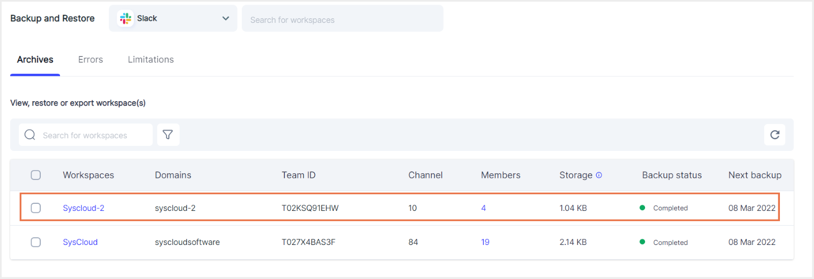 How to restore channels in Slack from the SysCloud backup application?
