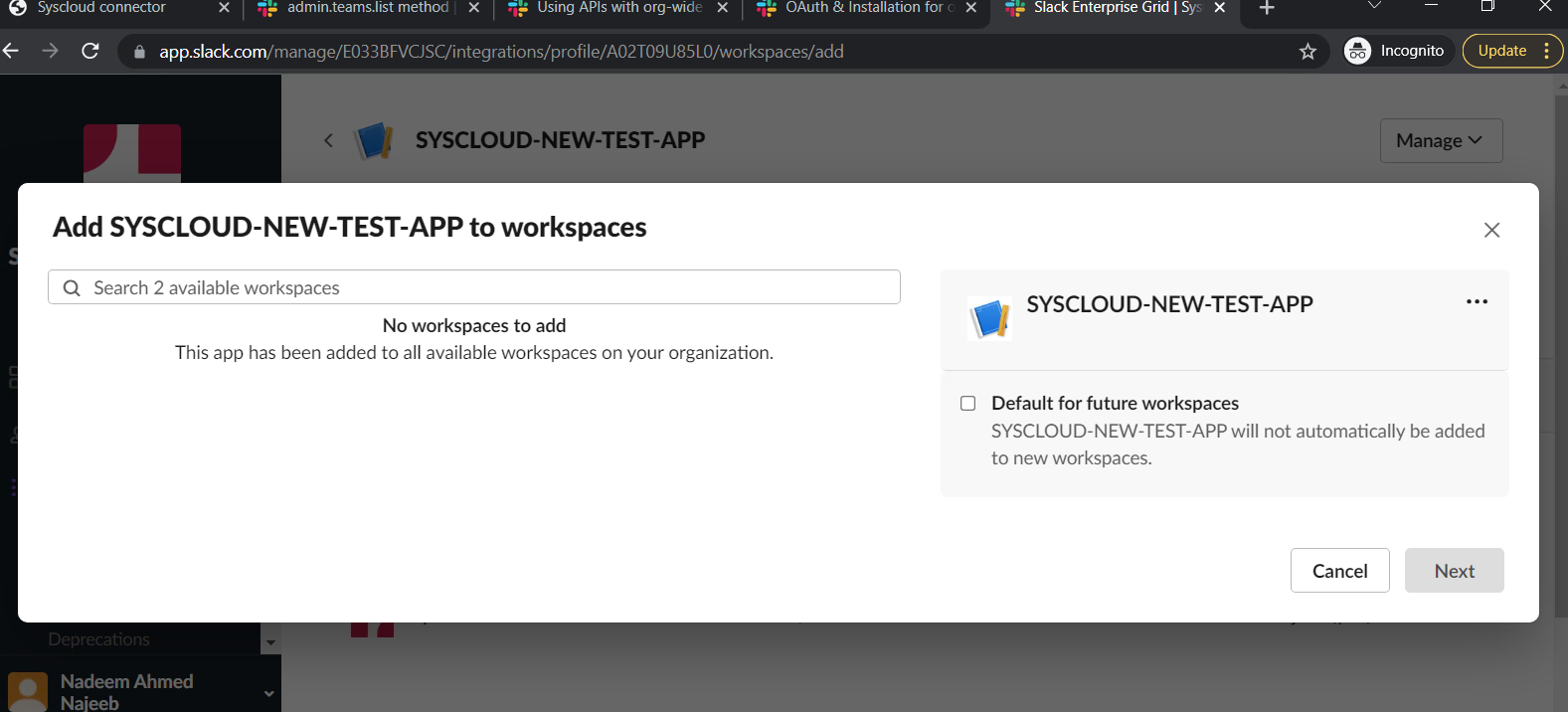 How to connect a Slack workspace to the SysCloud backup application?