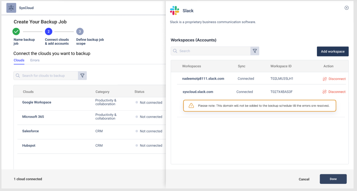 How to connect a Slack workspace to the SysCloud backup application?